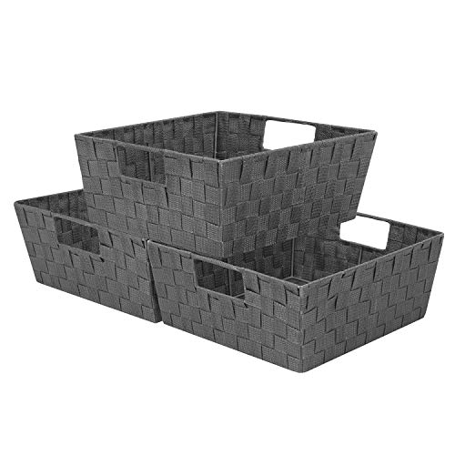 Sorbus Woven Basket Bin Set - Shelf Storage Tote Baskets for Household Items - Stackable with Woven Straps & Built-in Carry Handles (Gray)