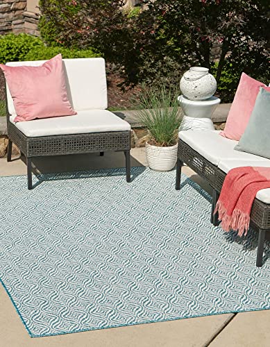 Unique Loom Trellis Collection Area Rug-Modern Geometric Flatweave Design, Moroccan Inspired for Indoor/Outdoor Décor, 5 ft x 8 ft, Aqua/Ivory