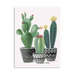 cactus wall art wall decor: cactus with red and yellow flowers in mexican floral pot poster framed cactus bathroom decor boho painting tropical green plant prickly canvas for home decorations 12”x16”