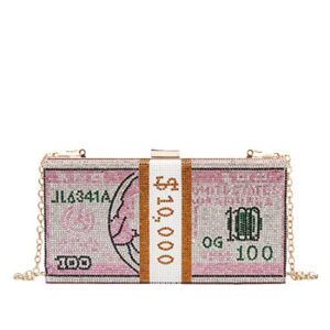 letode women dollars money clutch evening bag rhinestone handbags crystal clutch purse bling wedding cocktail party(1-pink color)