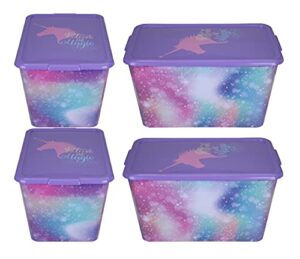 simplykleen 14.5-gal. plastic storage containers with rainbow unicorn print lids, reusable stacking storagechest for girls, (4 pack) made in the usa