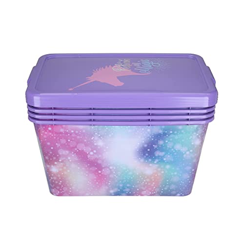 SIMPLYKLEEN 14.5-gal. Plastic Storage Containers with Rainbow Unicorn Print Lids, Reusable Stacking StorageChest for Girls, (4 Pack) Made in the USA