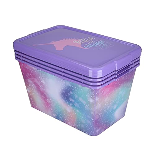 SIMPLYKLEEN 14.5-gal. Plastic Storage Containers with Rainbow Unicorn Print Lids, Reusable Stacking StorageChest for Girls, (4 Pack) Made in the USA