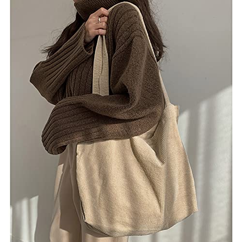 Women Shoulder Handbags Soft Corduroy Casual Hobo Bags Large Tote Bag Travel Satchel Shopping Bag for Women (Beige)