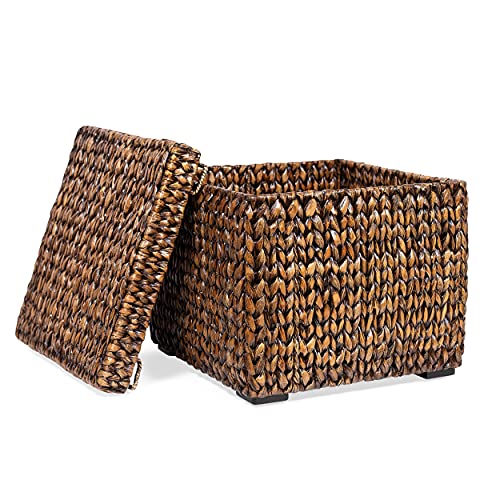 BirdRock Home Storage Cube Box with Lid - Brown Wash Seagrass - Hand Woven Container for Blankets Pillows - Sturdy Metal Frame