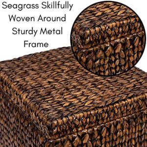 BirdRock Home Storage Cube Box with Lid - Brown Wash Seagrass - Hand Woven Container for Blankets Pillows - Sturdy Metal Frame