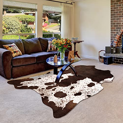 Quenlife Cowhide Rug for Living Room, Soft Cow Print Rug Cute Cow Rug for Bedroom, Cow Hide Rug Faux Animal Rug for Western Home Theme Room Decor, White and Browm, 5.2 x 6.2 ft