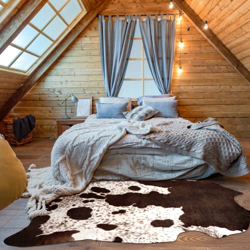 Quenlife Cowhide Rug for Living Room, Soft Cow Print Rug Cute Cow Rug for Bedroom, Cow Hide Rug Faux Animal Rug for Western Home Theme Room Decor, White and Browm, 5.2 x 6.2 ft