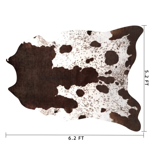 Quenlife Cowhide Rug for Living Room, Soft Cow Print Rug Cute Cow Rug for Bedroom, Cow Hide Rug Faux Animal Rug for Western Home Theme Room Decor, White and Browm, 5.2 x 6.2 ft