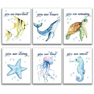 suuura-oo inspirational words texture of dreams watercolor sea marine life art print set of 6 (8”x10”), sea turtle seahorse fish whale jellyfish watercolor wall poster, blue ocean theme nursery kids room wall decor