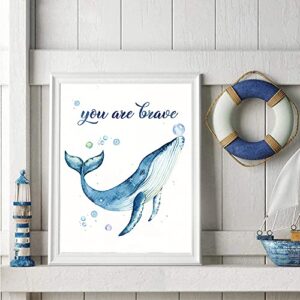 SUUURA-OO Inspirational Words Texture of Dreams Watercolor Sea marine life Art Print Set of 6 (8”X10”), Sea Turtle Seahorse fish whale Jellyfish Watercolor Wall Poster, Blue Ocean Theme Nursery Kids Room Wall Decor