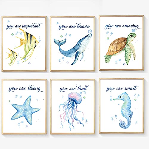 SUUURA-OO Inspirational Words Texture of Dreams Watercolor Sea marine life Art Print Set of 6 (8”X10”), Sea Turtle Seahorse fish whale Jellyfish Watercolor Wall Poster, Blue Ocean Theme Nursery Kids Room Wall Decor