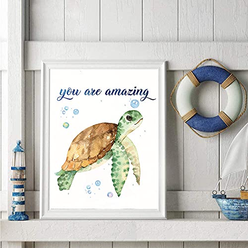 SUUURA-OO Inspirational Words Texture of Dreams Watercolor Sea marine life Art Print Set of 6 (8”X10”), Sea Turtle Seahorse fish whale Jellyfish Watercolor Wall Poster, Blue Ocean Theme Nursery Kids Room Wall Decor