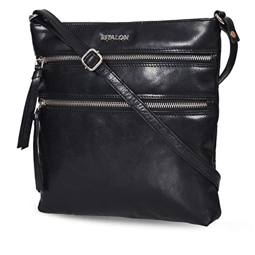 ESTALON Leather Crossbody Purse for Women- Small Crossover Long Over the Shoulder Sling Womens Purses and Handbags (Black)