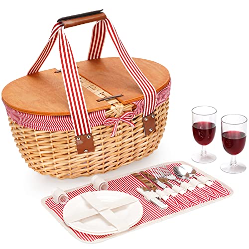 Wicker Picnic Basket Set for 2 with Double Wooden Lids & Handles, Country Style Picnic Hamper with Cutlery Service Kits - Flatware Set, Willow Storage Basket W/Lining for Camping (Red Stripe)