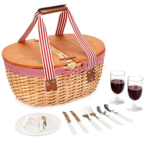 Wicker Picnic Basket Set for 2 with Double Wooden Lids & Handles, Country Style Picnic Hamper with Cutlery Service Kits - Flatware Set, Willow Storage Basket W/Lining for Camping (Red Stripe)