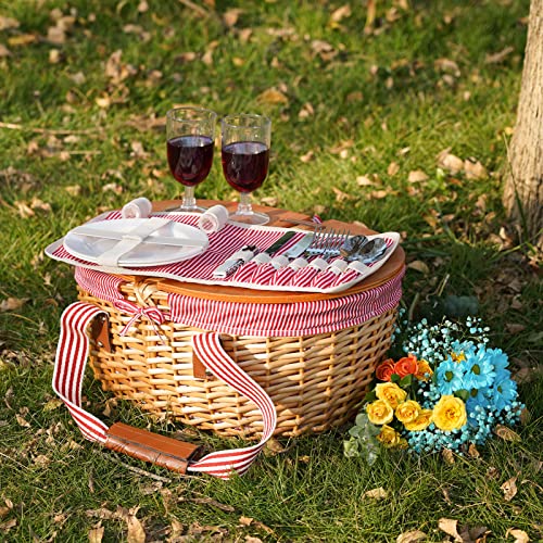 Wicker Picnic Basket Set for 2 with Double Wooden Lids & Handles, Country Style Picnic Hamper with Cutlery Service Kits - Flatware Set, Willow Storage Basket W/Lining for Camping (Red Stripe)