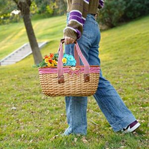 Wicker Picnic Basket Set for 2 with Double Wooden Lids & Handles, Country Style Picnic Hamper with Cutlery Service Kits - Flatware Set, Willow Storage Basket W/Lining for Camping (Red Stripe)