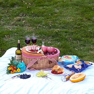 Wicker Picnic Basket Set for 2 with Double Wooden Lids & Handles, Country Style Picnic Hamper with Cutlery Service Kits - Flatware Set, Willow Storage Basket W/Lining for Camping (Red Stripe)