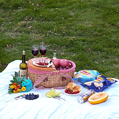 Wicker Picnic Basket Set for 2 with Double Wooden Lids & Handles, Country Style Picnic Hamper with Cutlery Service Kits - Flatware Set, Willow Storage Basket W/Lining for Camping (Red Stripe)