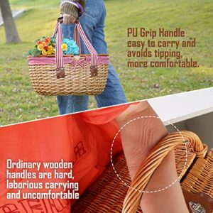 Wicker Picnic Basket Set for 2 with Double Wooden Lids & Handles, Country Style Picnic Hamper with Cutlery Service Kits - Flatware Set, Willow Storage Basket W/Lining for Camping (Red Stripe)