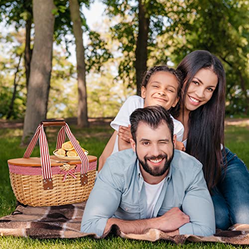 Wicker Picnic Basket Set for 2 with Double Wooden Lids & Handles, Country Style Picnic Hamper with Cutlery Service Kits - Flatware Set, Willow Storage Basket W/Lining for Camping (Red Stripe)