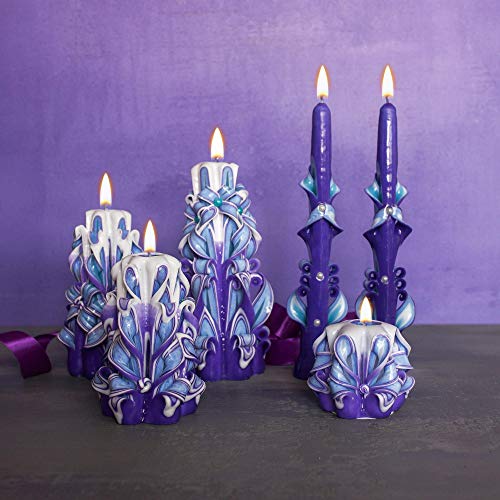 Hand Carved Candles - Handmade Candles - Purple Blue White by Size 2 inch - Made by 16th Century Techtology - Handcrafted Candles - Decorative Candles