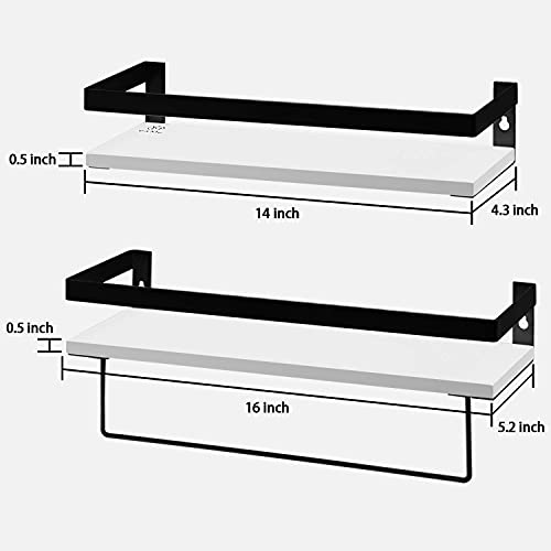 Y&ME YM Bathroom Floating Shelves for Wall, White Wall Storage Shelves with Towel Bar, Bathroom Shelf Over Toilet Storage Shelving Wall Mounted for Kitchen, Bathroom,Laundry Room Set of 2 (White)