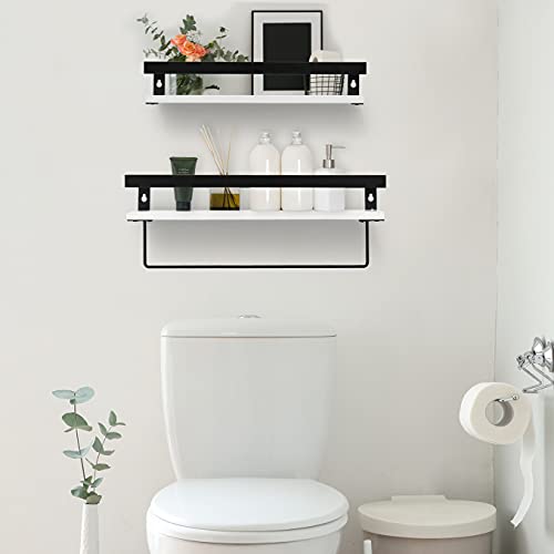 Y&ME YM Bathroom Floating Shelves for Wall, White Wall Storage Shelves with Towel Bar, Bathroom Shelf Over Toilet Storage Shelving Wall Mounted for Kitchen, Bathroom,Laundry Room Set of 2 (White)