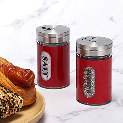 Salt and Pepper Shakers Stainless Steel and Glass Set with Adjustable Pour Holes (Red)