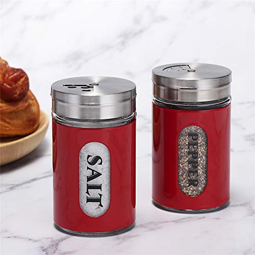 Salt and Pepper Shakers Stainless Steel and Glass Set with Adjustable Pour Holes (Red)