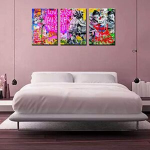 Graffiti Street Art Banksy Canvas Wall Art for Living Room Decor 3 Pieces Little Couple Picture Print Pop Artwork Lovely Kitchen Wall Decor Abstract Artwork Home Decor Room Wall Pictures 60x28 Inch