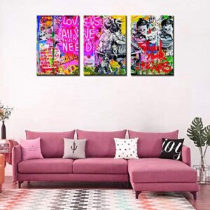 Graffiti Street Art Banksy Canvas Wall Art for Living Room Decor 3 Pieces Little Couple Picture Print Pop Artwork Lovely Kitchen Wall Decor Abstract Artwork Home Decor Room Wall Pictures 60x28 Inch