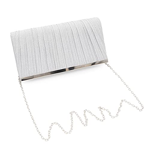 Premium Pleated Metallic Glitter Mesh Clutch Evening Bag Handbag, Silver