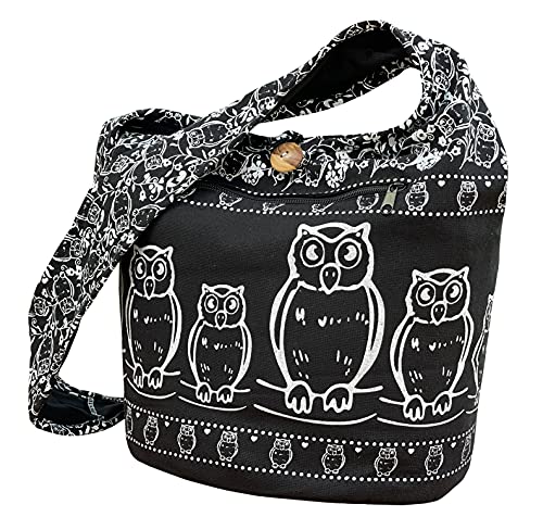 Owl Sling Bag - Fully Lined with Front Zippered Pocket - Handmade Crossbody Handbag - Medium (Black and White)