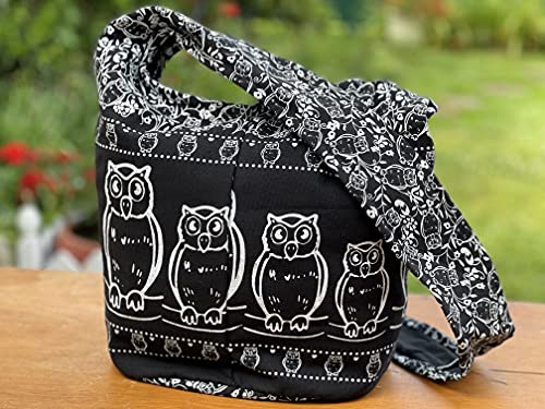 Owl Sling Bag - Fully Lined with Front Zippered Pocket - Handmade Crossbody Handbag - Medium (Black and White)