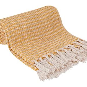 Yellow Cotton Throw Blanket - Waffle Weave Throw Blanket 60”x48” - Farmhouse Throw Blanket - Throw Blanket for Couch Sofa Chair Bed - Blanket for all Seasons - Yellow Decorative Blanket with Fringe