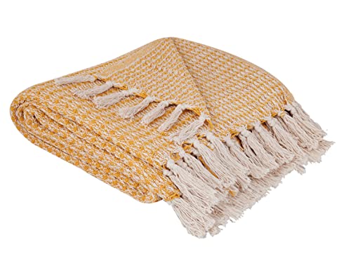 Yellow Cotton Throw Blanket - Waffle Weave Throw Blanket 60”x48” - Farmhouse Throw Blanket - Throw Blanket for Couch Sofa Chair Bed - Blanket for all Seasons - Yellow Decorative Blanket with Fringe