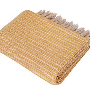 Yellow Cotton Throw Blanket - Waffle Weave Throw Blanket 60”x48” - Farmhouse Throw Blanket - Throw Blanket for Couch Sofa Chair Bed - Blanket for all Seasons - Yellow Decorative Blanket with Fringe