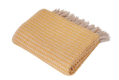 Yellow Cotton Throw Blanket - Waffle Weave Throw Blanket 60”x48” - Farmhouse Throw Blanket - Throw Blanket for Couch Sofa Chair Bed - Blanket for all Seasons - Yellow Decorative Blanket with Fringe