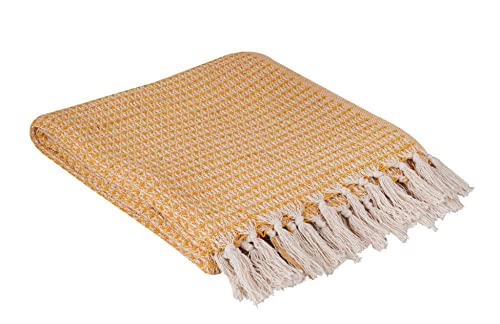 Yellow Cotton Throw Blanket - Waffle Weave Throw Blanket 60”x48” - Farmhouse Throw Blanket - Throw Blanket for Couch Sofa Chair Bed - Blanket for all Seasons - Yellow Decorative Blanket with Fringe