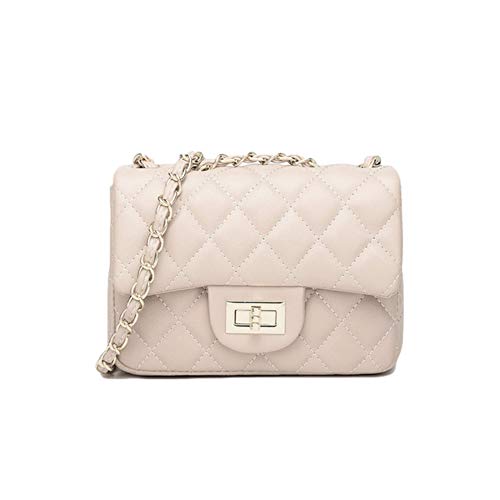 Women's Quilted Shoulder Bag | Chain Link Strap Clutch Purse | Crossbody Mini Messenger Handbag (Beige, Mini)