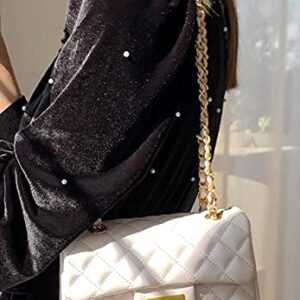 Women's Quilted Shoulder Bag | Chain Link Strap Clutch Purse | Crossbody Mini Messenger Handbag (Beige, Mini)