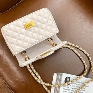 Women's Quilted Shoulder Bag | Chain Link Strap Clutch Purse | Crossbody Mini Messenger Handbag (Beige, Mini)