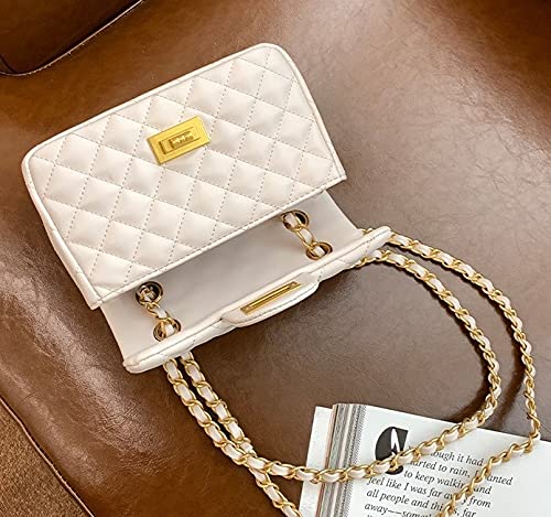 Women's Quilted Shoulder Bag | Chain Link Strap Clutch Purse | Crossbody Mini Messenger Handbag (Beige, Mini)