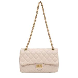 Women's Quilted Shoulder Bag | Chain Link Strap Clutch Purse | Crossbody Mini Messenger Handbag (Beige, Mini)