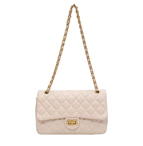 Women's Quilted Shoulder Bag | Chain Link Strap Clutch Purse | Crossbody Mini Messenger Handbag (Beige, Mini)