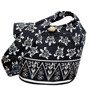 fully lined sea turtle crossbody sling bag – front zippered pocket – handmade bohemian thai hippie hobo shoulder cotton purse – medium – black and white (black and white)