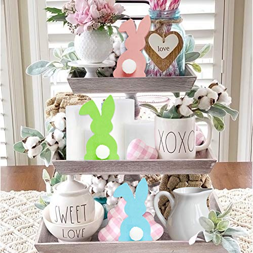 R HORSE 3Pcs Easter Wooden Rabbit Shaped Tiered Tray Decoration Blue Pink Green Easter Rustic Farmhouse Decor Rabbit Shaped Sign Shelf Easter Stand Display Photo Prop