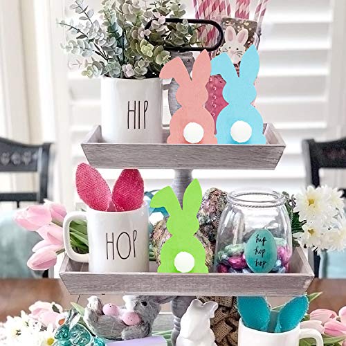 R HORSE 3Pcs Easter Wooden Rabbit Shaped Tiered Tray Decoration Blue Pink Green Easter Rustic Farmhouse Decor Rabbit Shaped Sign Shelf Easter Stand Display Photo Prop